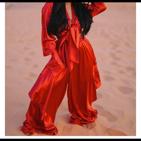 Pants & Jumpsuits | Sold Red Satin Pants Suit Wide Leg | Poshmark